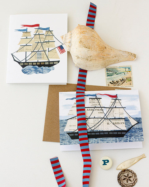 clipper ship printed art collage paste greeting card